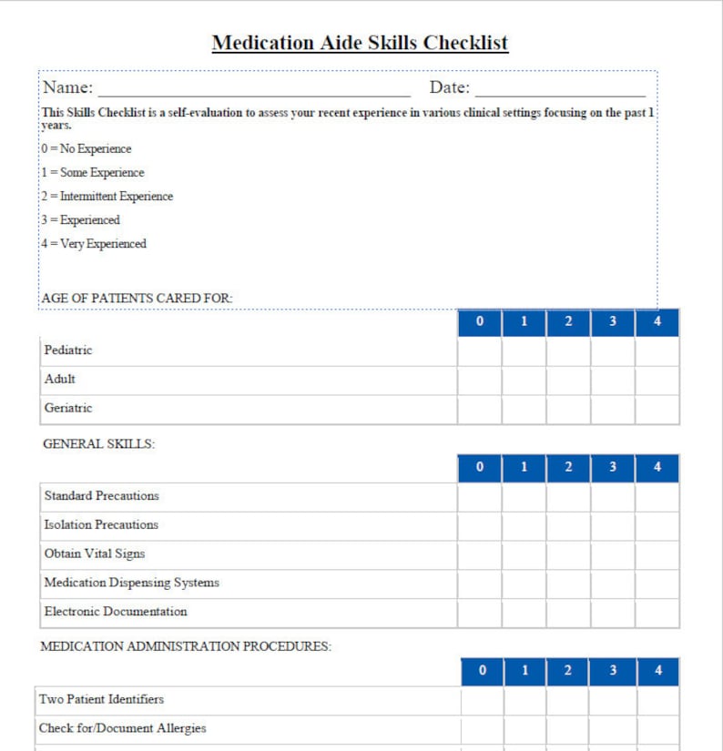 Medication Aide Skills Checklist Template - Etsy
