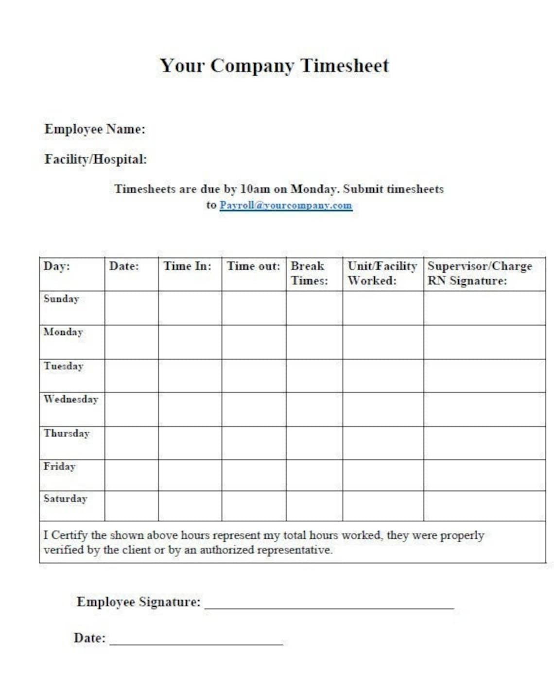 Timesheet PDF Template (sun-sat) & (mon-fri) - Etsy