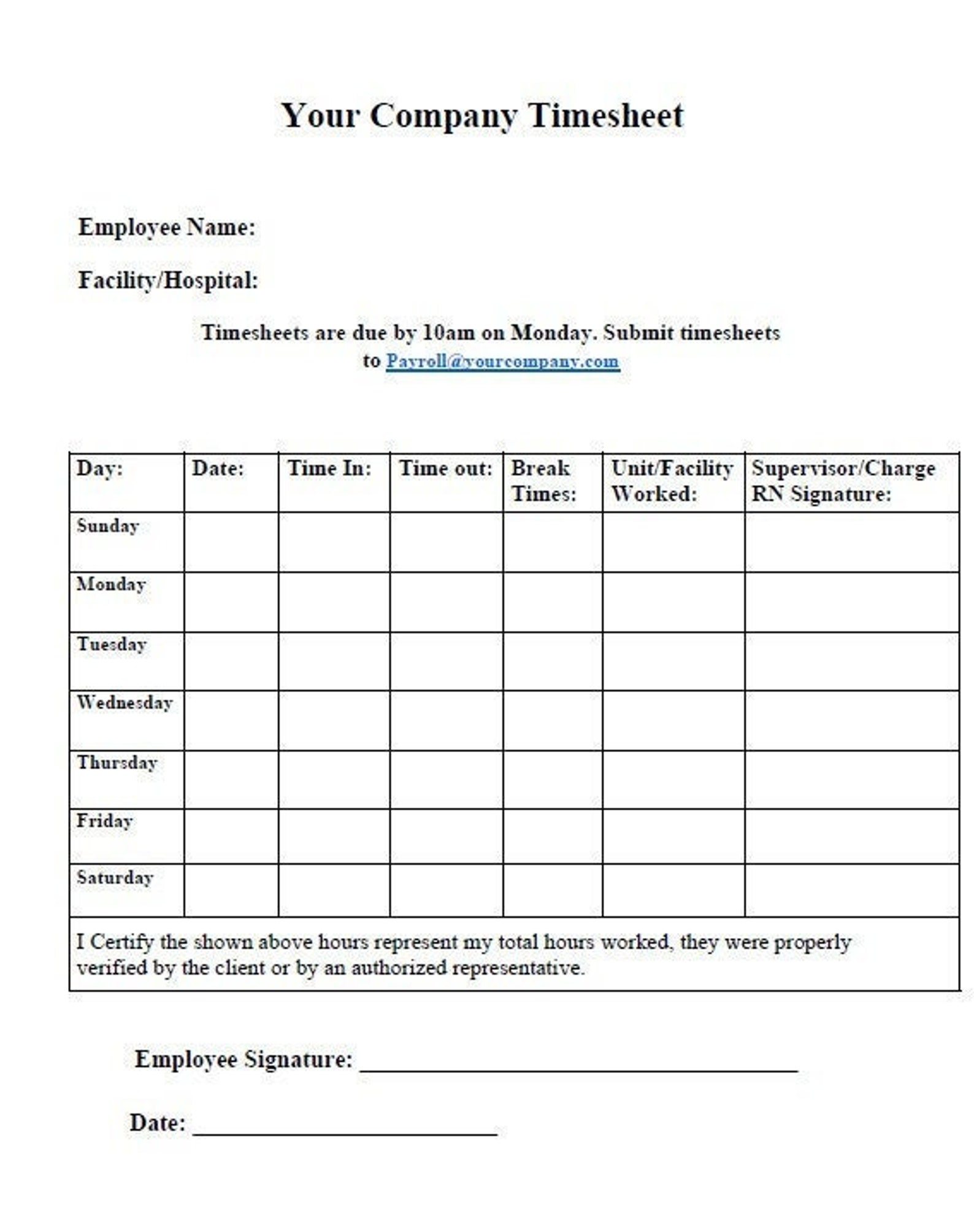 Timesheet PDF Template (sun-sat) & (mon-fri) - Etsy