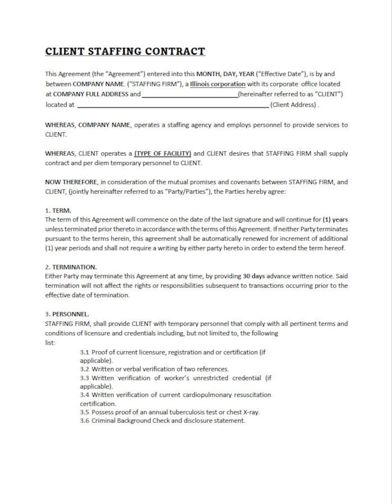 Staffing Service Contract Template - Etsy