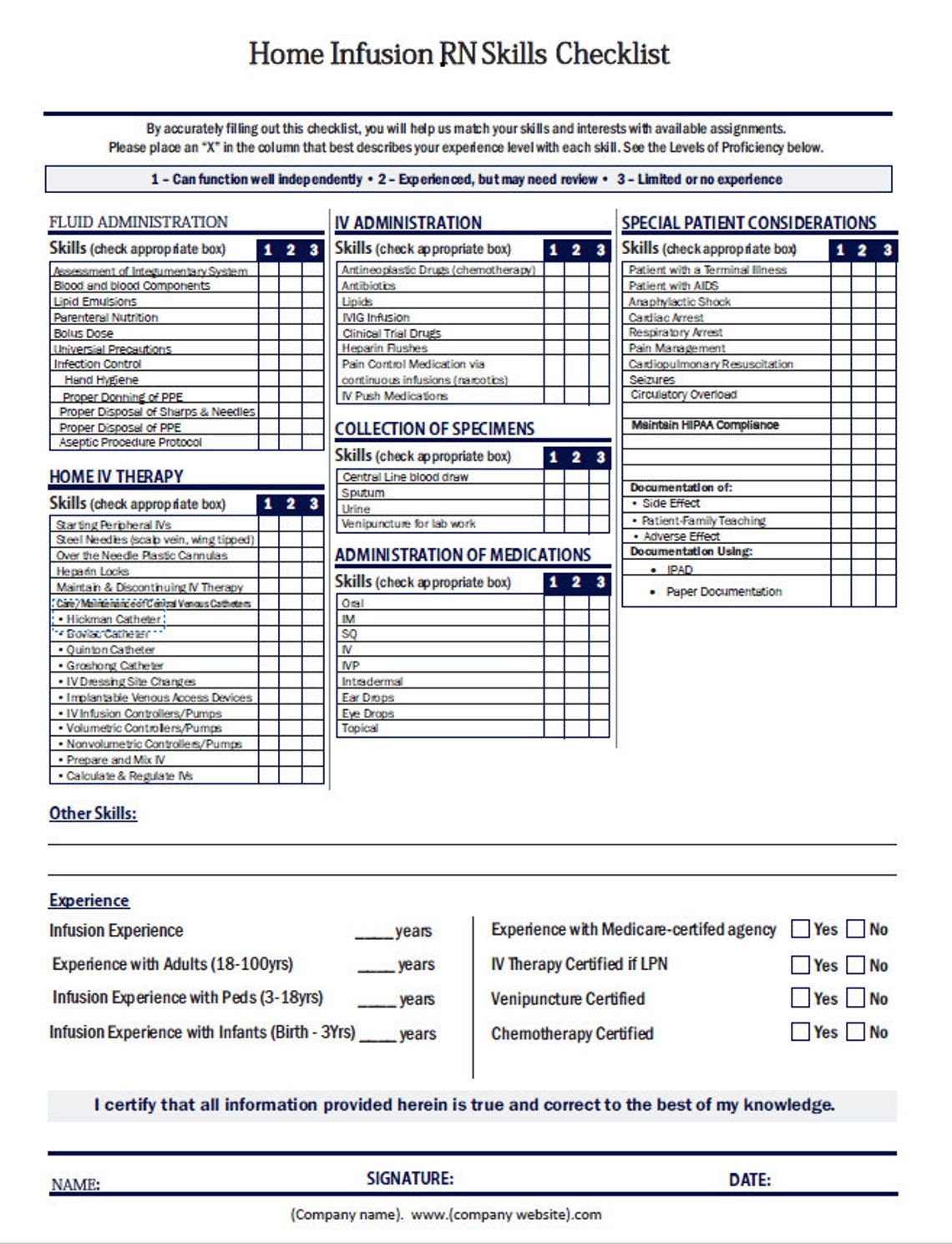 Home Infusion Nurse Skills Checklist Template - Etsy