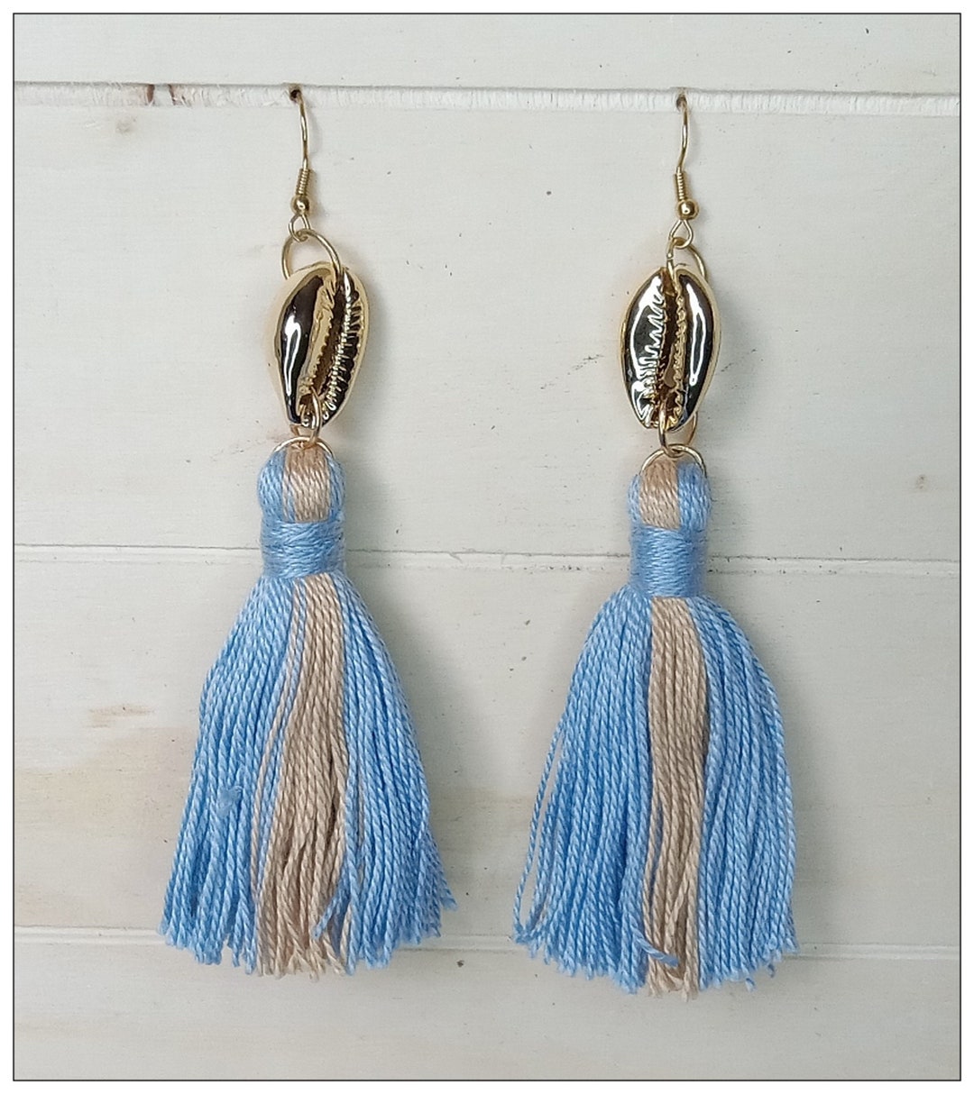 Seashell Light Blue and Sand Tassel Earrings - Etsy