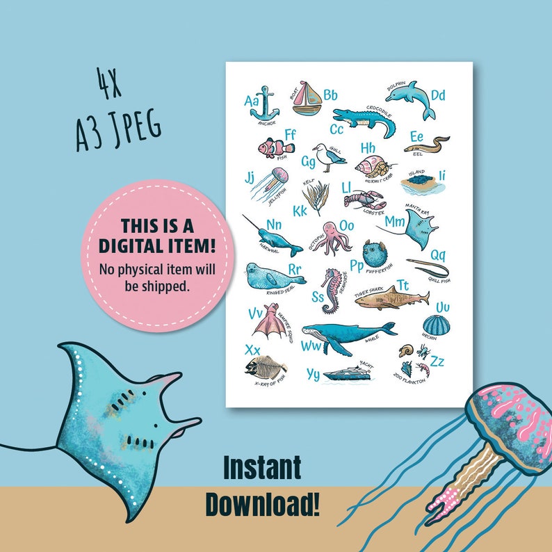 Ocean Alphabet Print | Nautical Kids | Nursery Wall Art | Digital ...