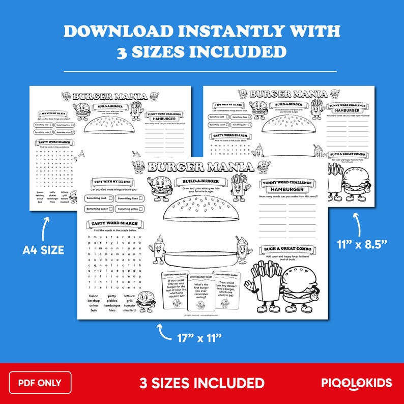 Burger Activity Placemat: Kids Games, Coloring, Word Search (PDF ...