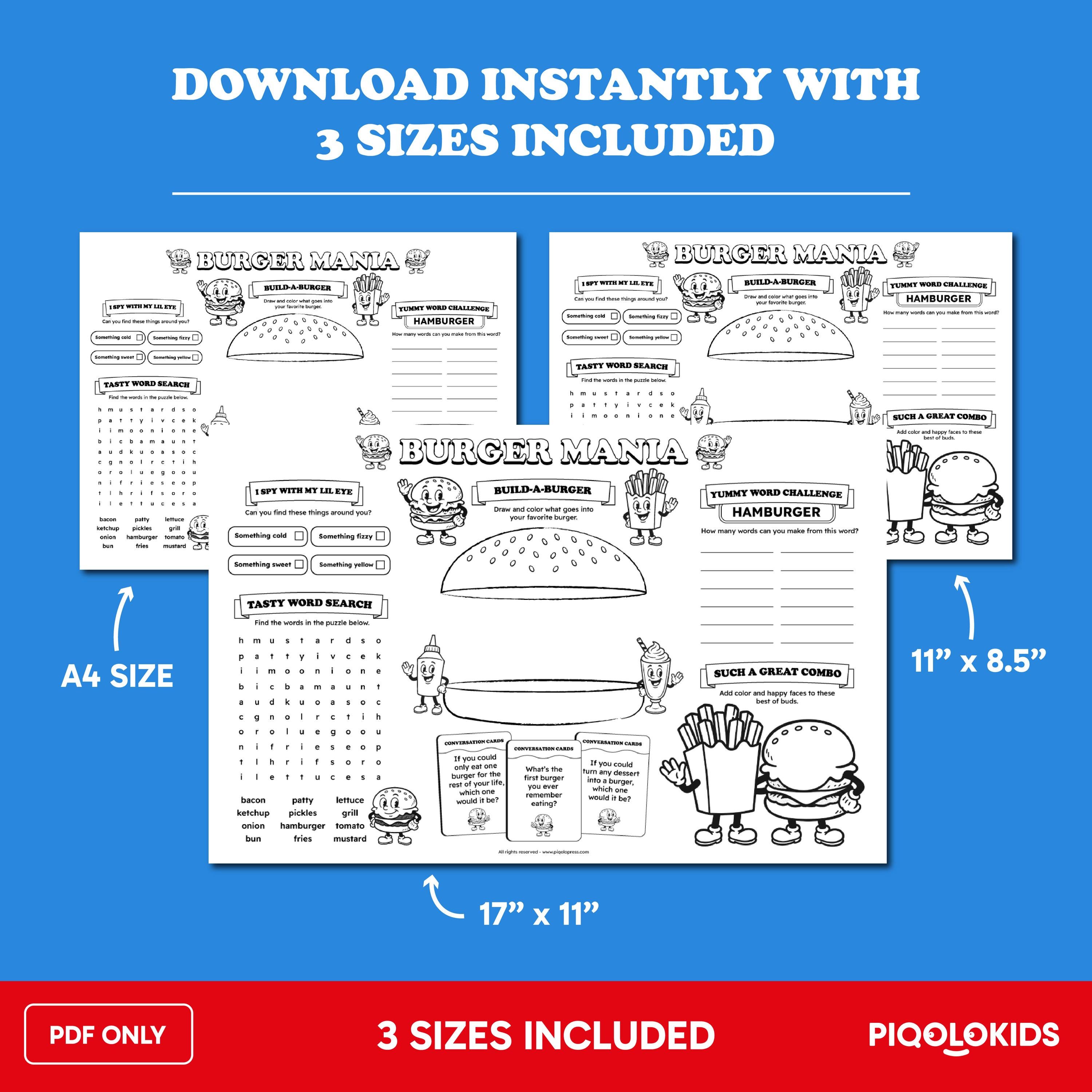 Burger Activity Placemat: Kids Games, Coloring, Word Search (PDF ...