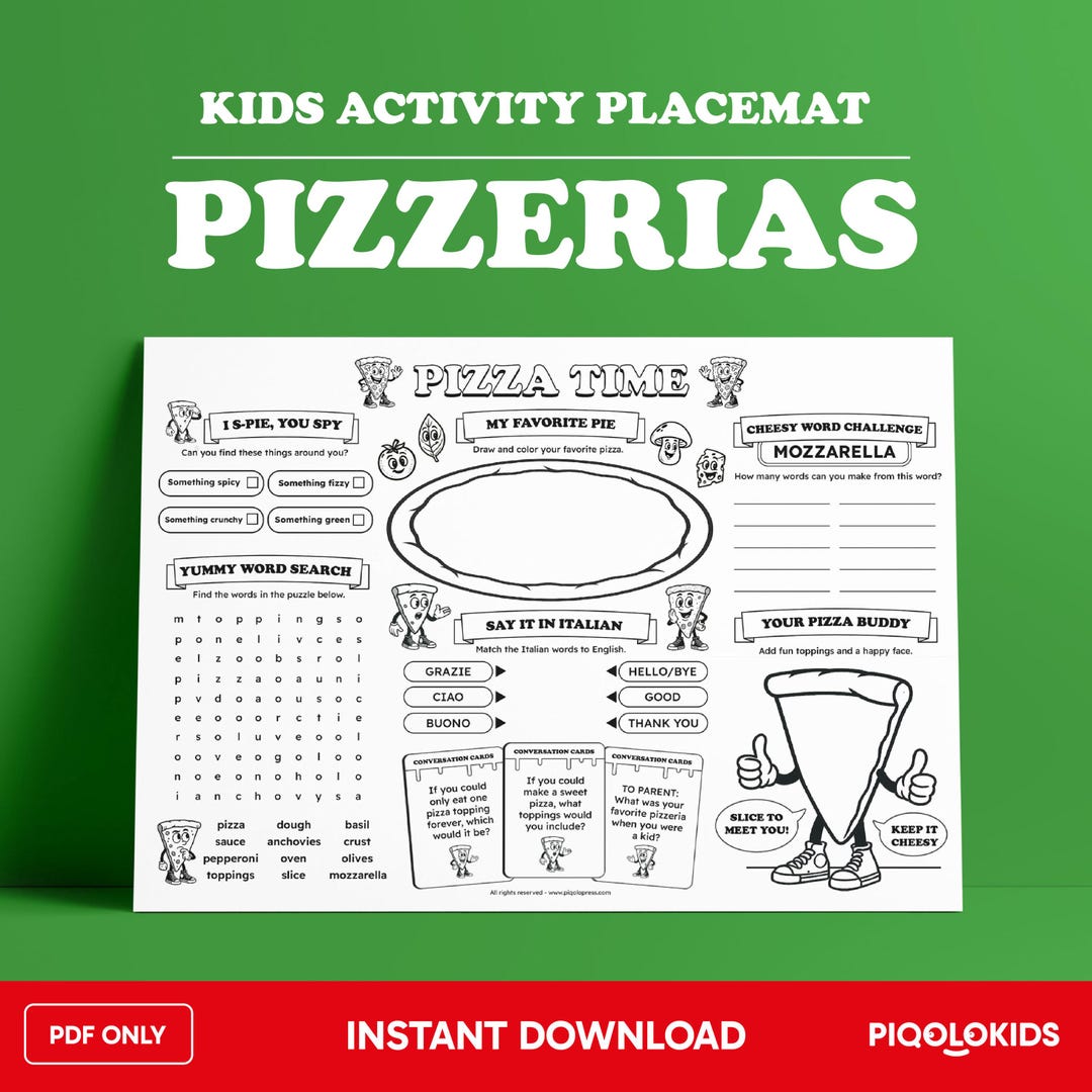 Printable Pizza Activity Placemat: Kids Games, Coloring, Word Search ...