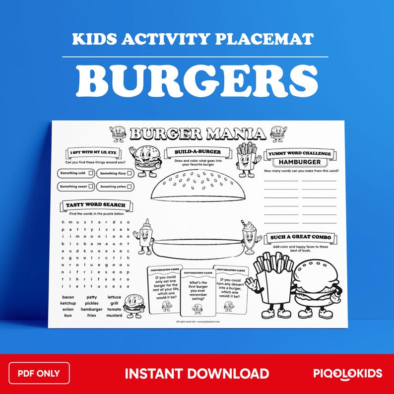 Burger Activity Placemat: Kids Games, Coloring, Word Search (PDF ...