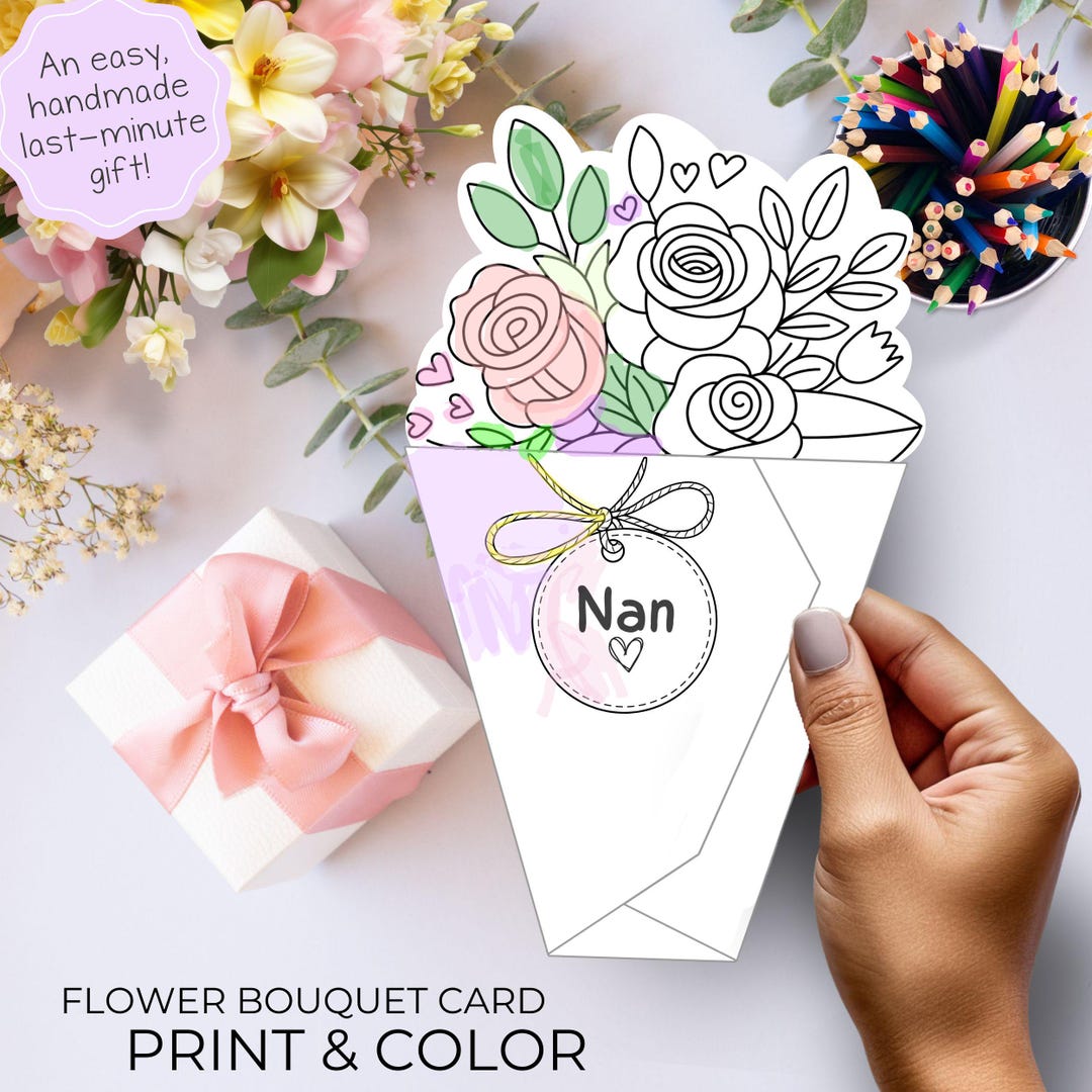 Happy Birthday Card Nan, Nanny DIY Gift Coloring Flower Bouquet, Mother ...