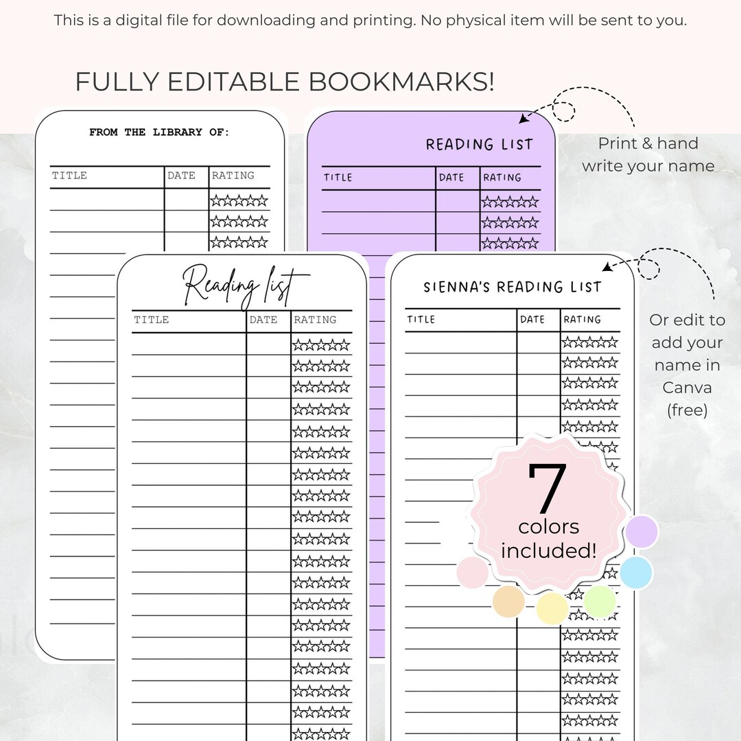 Reading List Bookmark Colored Printable Library Card Book Mark ...