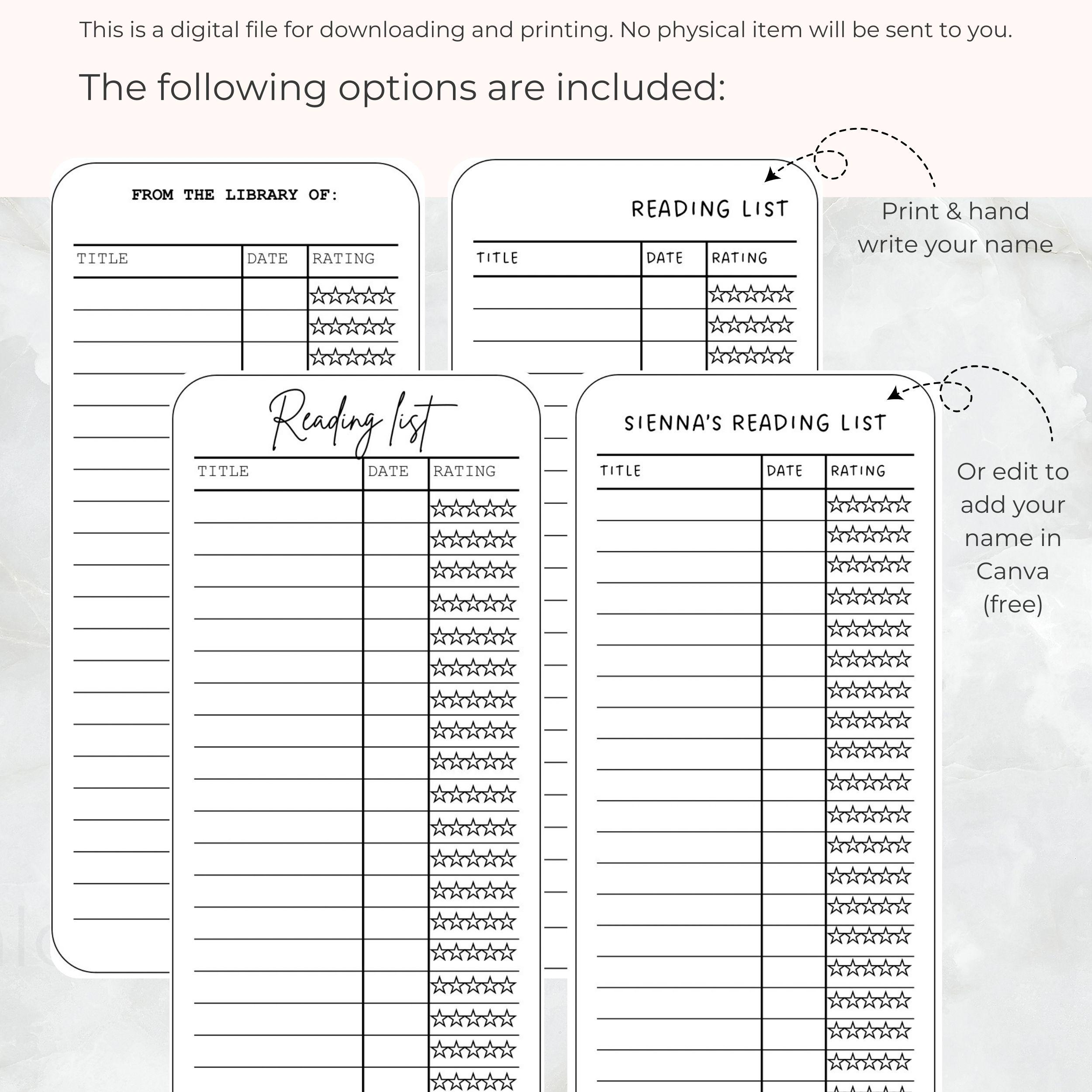 Reading List Bookmark, Printable Library Card Book Mark, Personalised ...