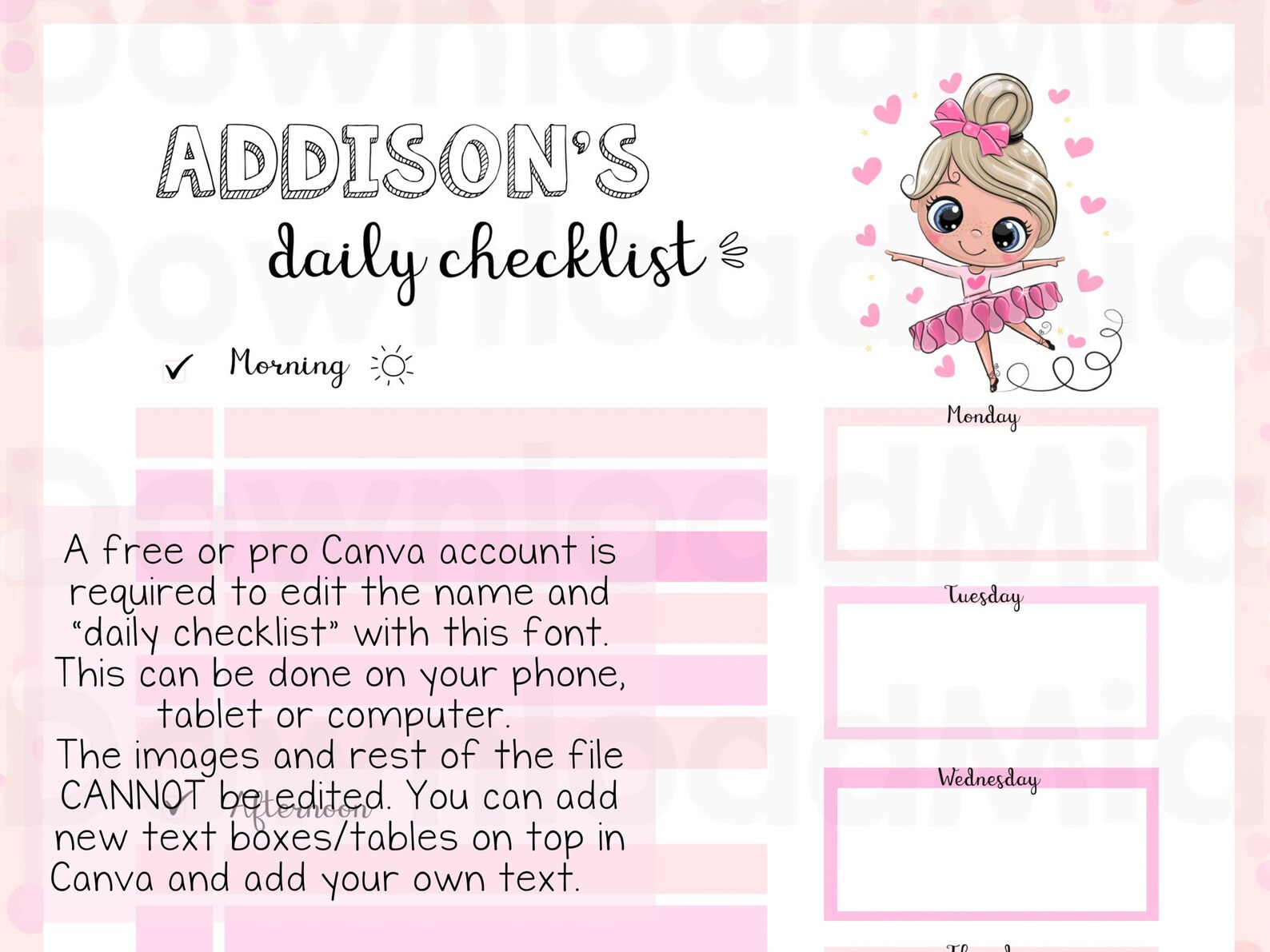 Kids Checklist Chore Chart Responsibility Editable Pink Girl - Etsy