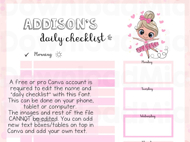 Kids Checklist Chore Chart Responsibility Editable Pink Girl - Etsy