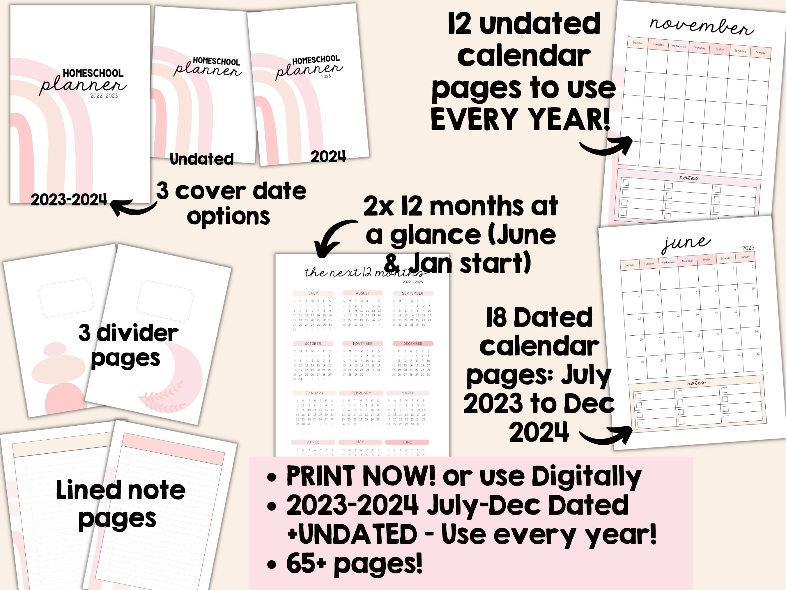 Homeschool Printable Planner 2023 2024 Printable Pink Boho Homeschool ...