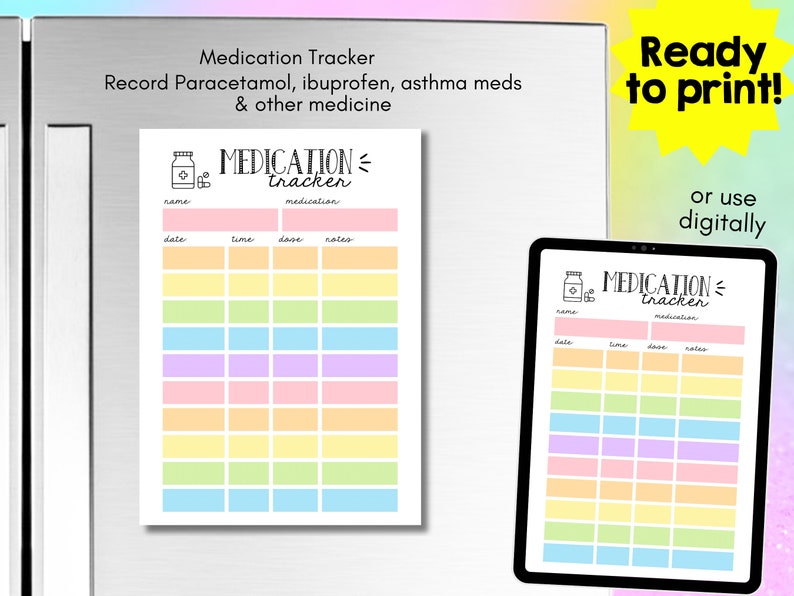 Medication Tracker Chart. Kids Medicine Schedule. Paracetamol Record ...