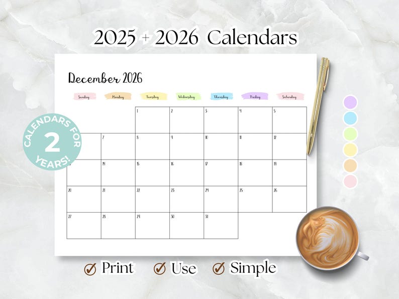 Calendario 2025 imprimible en blanco PDF Calendario 2025 2026 horizontal A4 Carta. Calendario de ...
