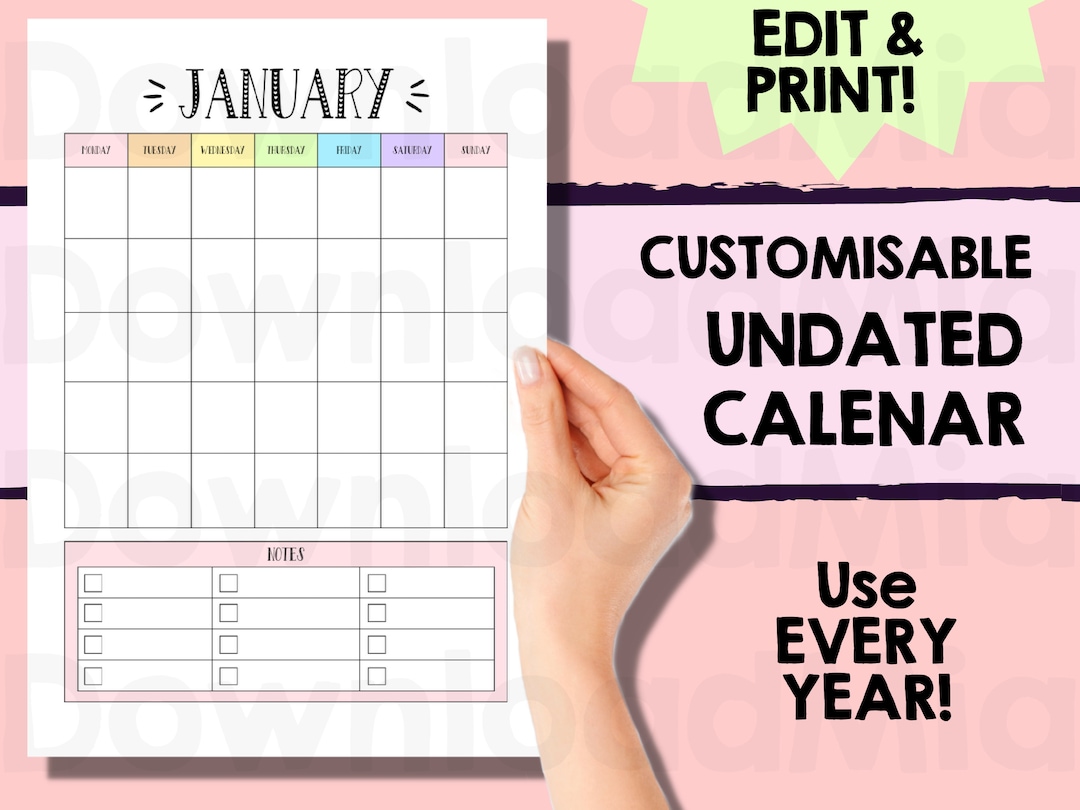 Yearly Calendar Undated Twelve Month Perpetual. Editable Customisable ...