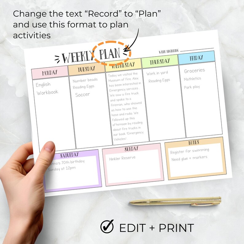 Weekly Homeschool Record Printable Diary Reflection Editable Lesson ...