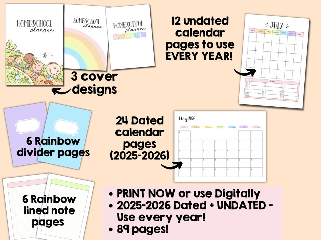 Homeschool Printable Planner 2025 2026 Printable Pastel Rainbow ...