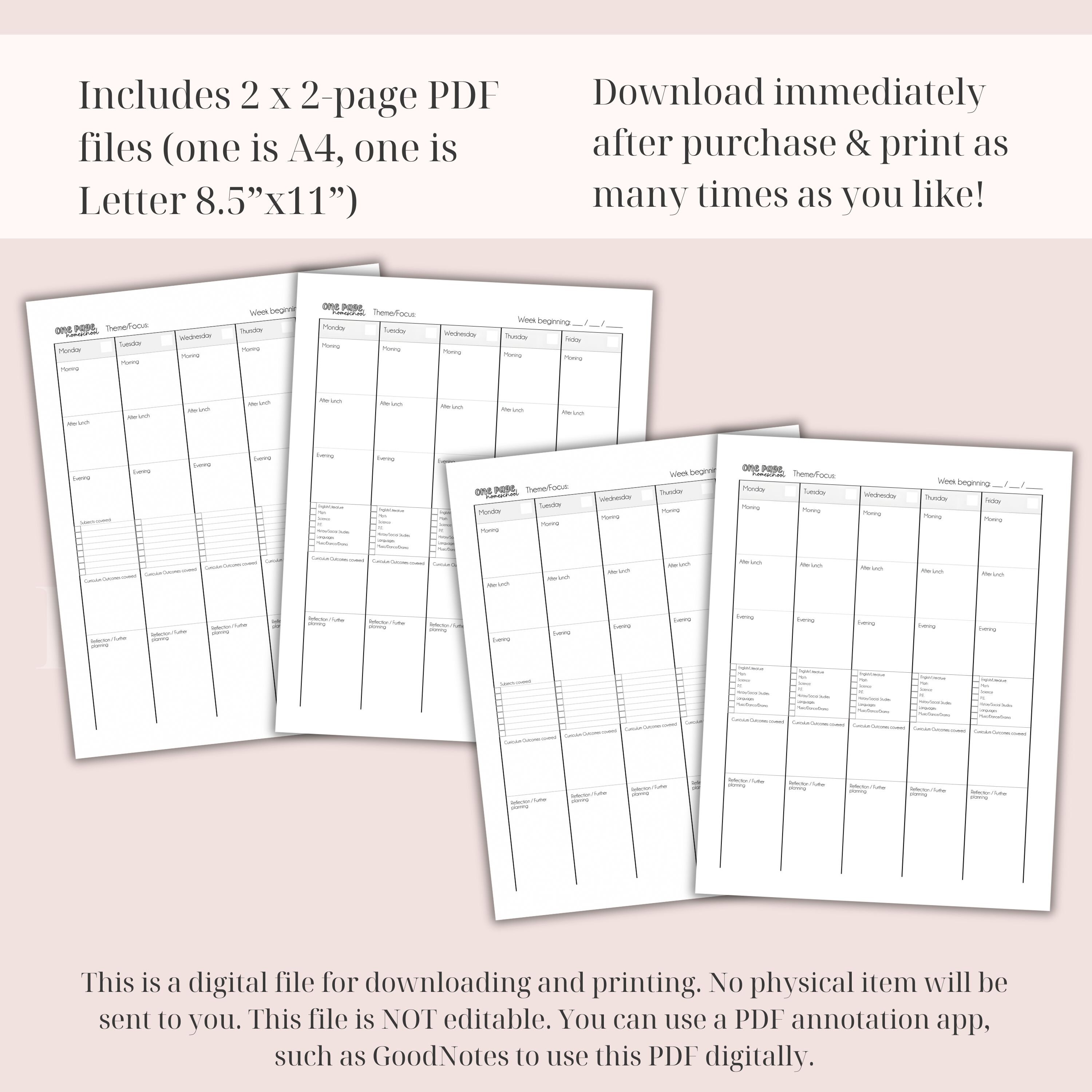Homeschool Planner Simple Lesson Plan, Teacher Lesson Planner, One Page ...