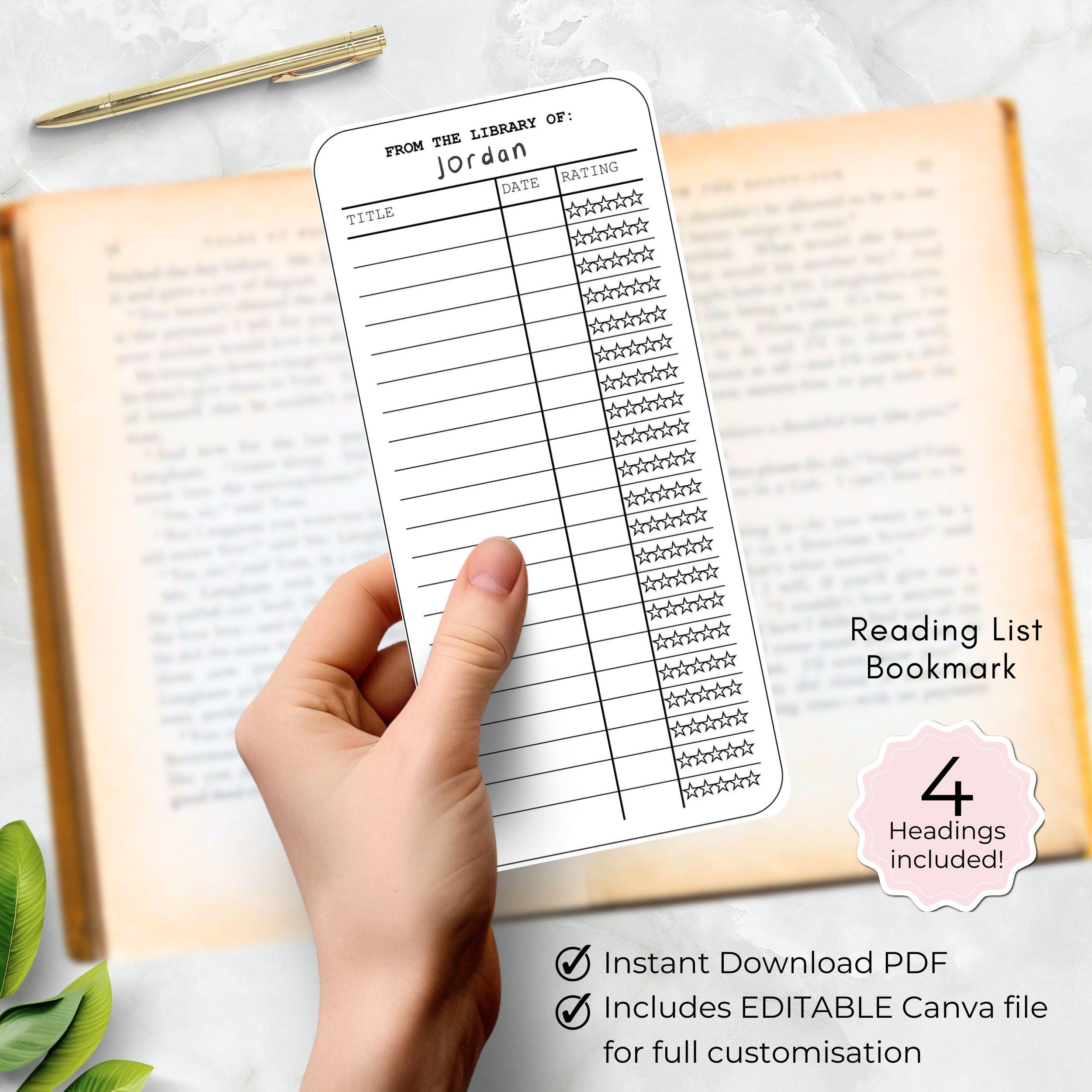 Reading List Bookmark, Printable Library Card Book Mark, Personalised ...