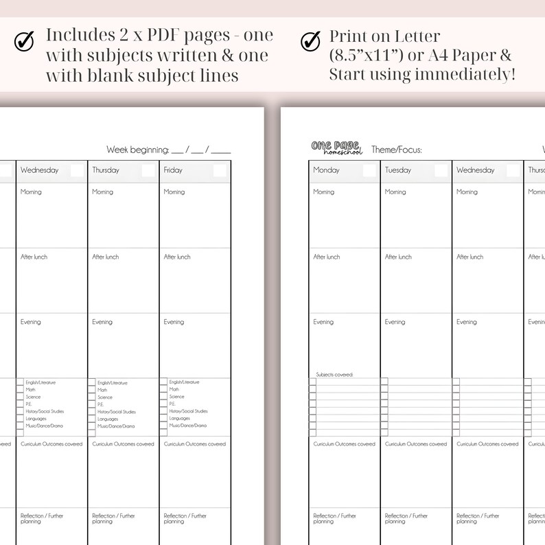 Homeschool Planner Simple Lesson Plan, Teacher Lesson Planner, One Page ...
