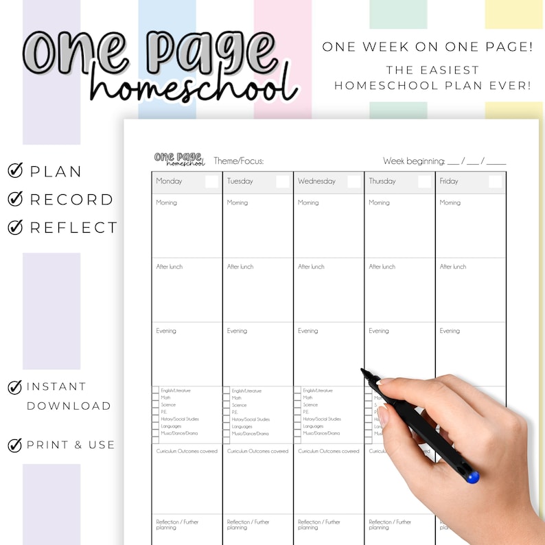 Homeschool Planner Simple Lesson Plan, Teacher Lesson Planner, One Page ...