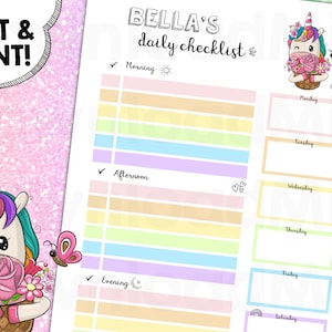 Kids Checklist Chore Chart Responsibility Editable Unicorn Rainbow Girl ...