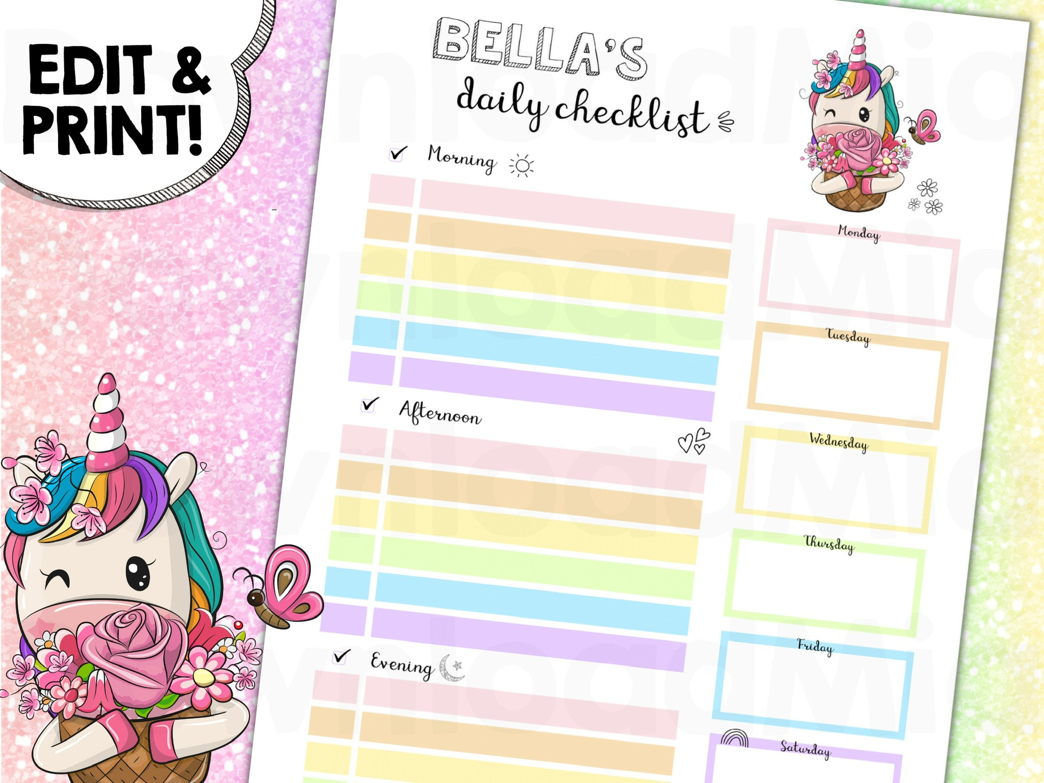Kids Checklist Chore Chart Responsibility Editable Unicorn - Etsy