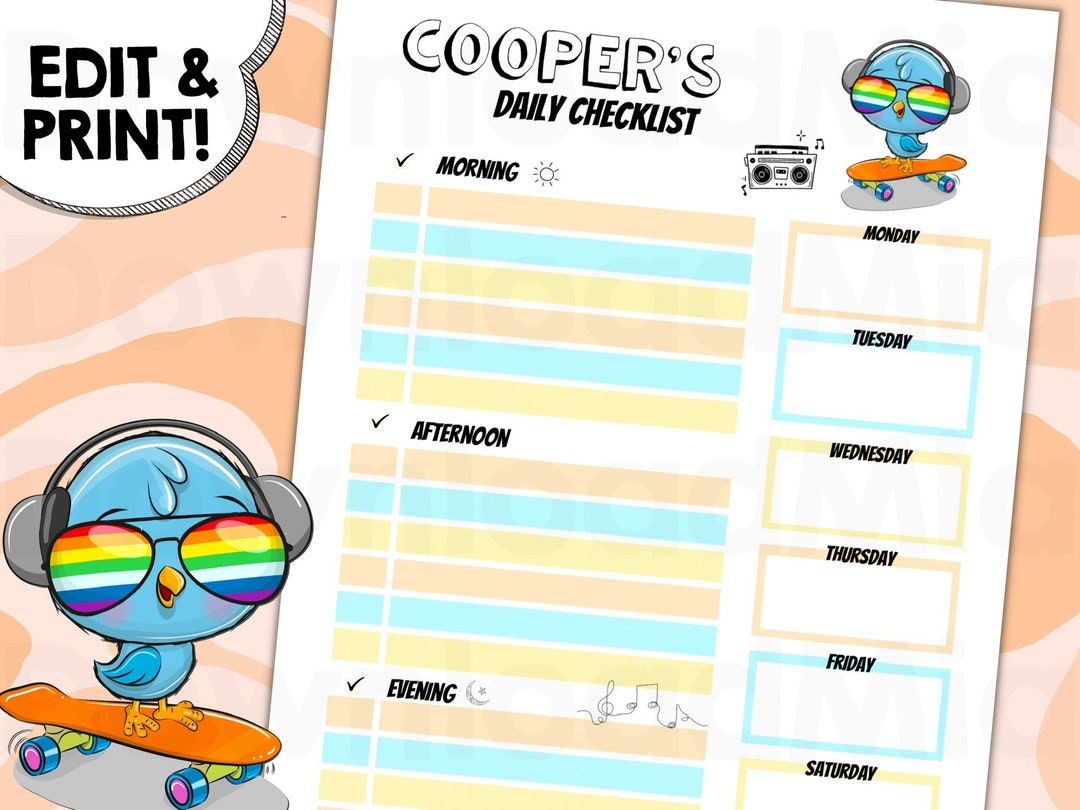 Kids Checklist Chore Chart Responsibility Editable Boy Cool Fun ...