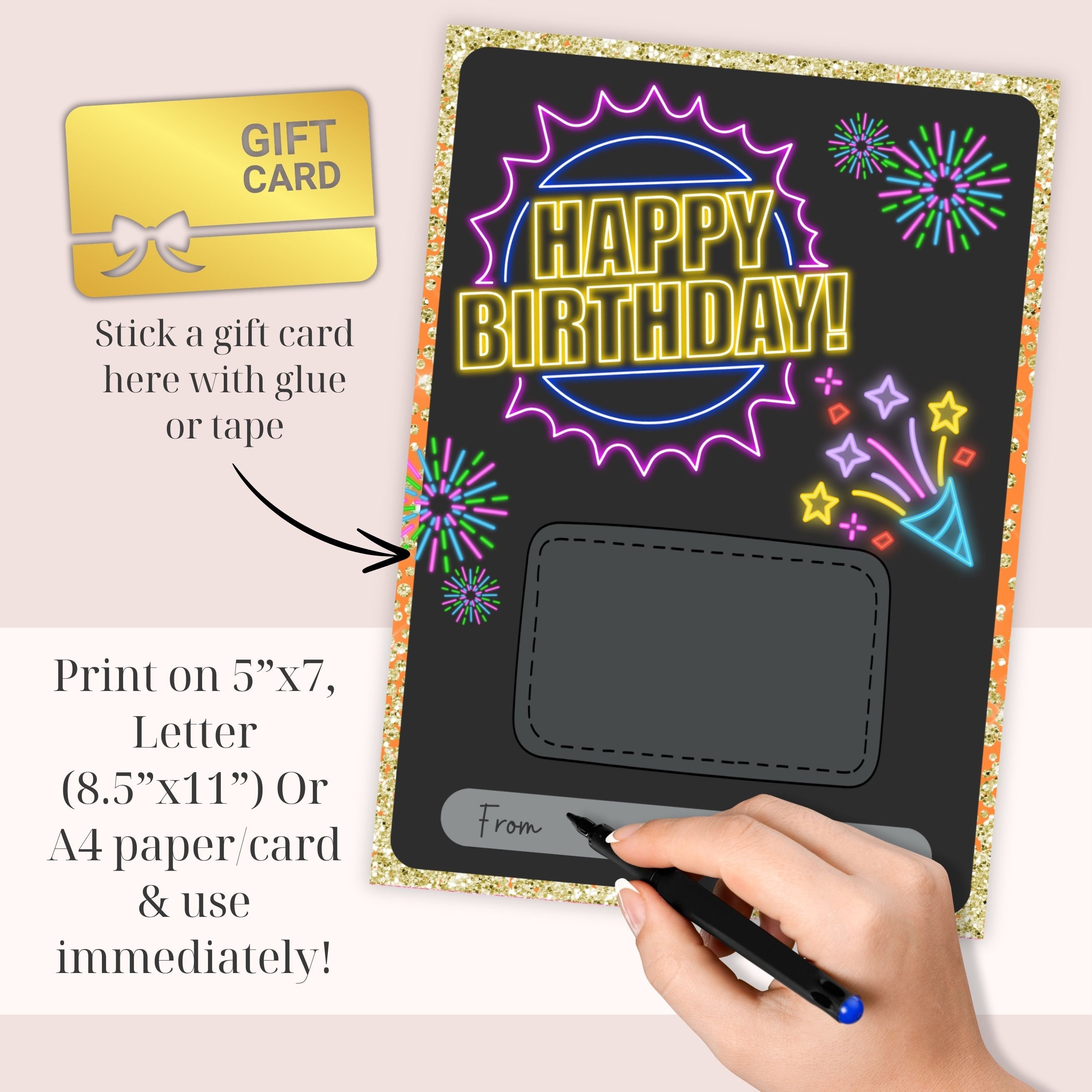 Happy Birthday Printable Gift Card Holder Neon for Boy or Male. Teacher ...