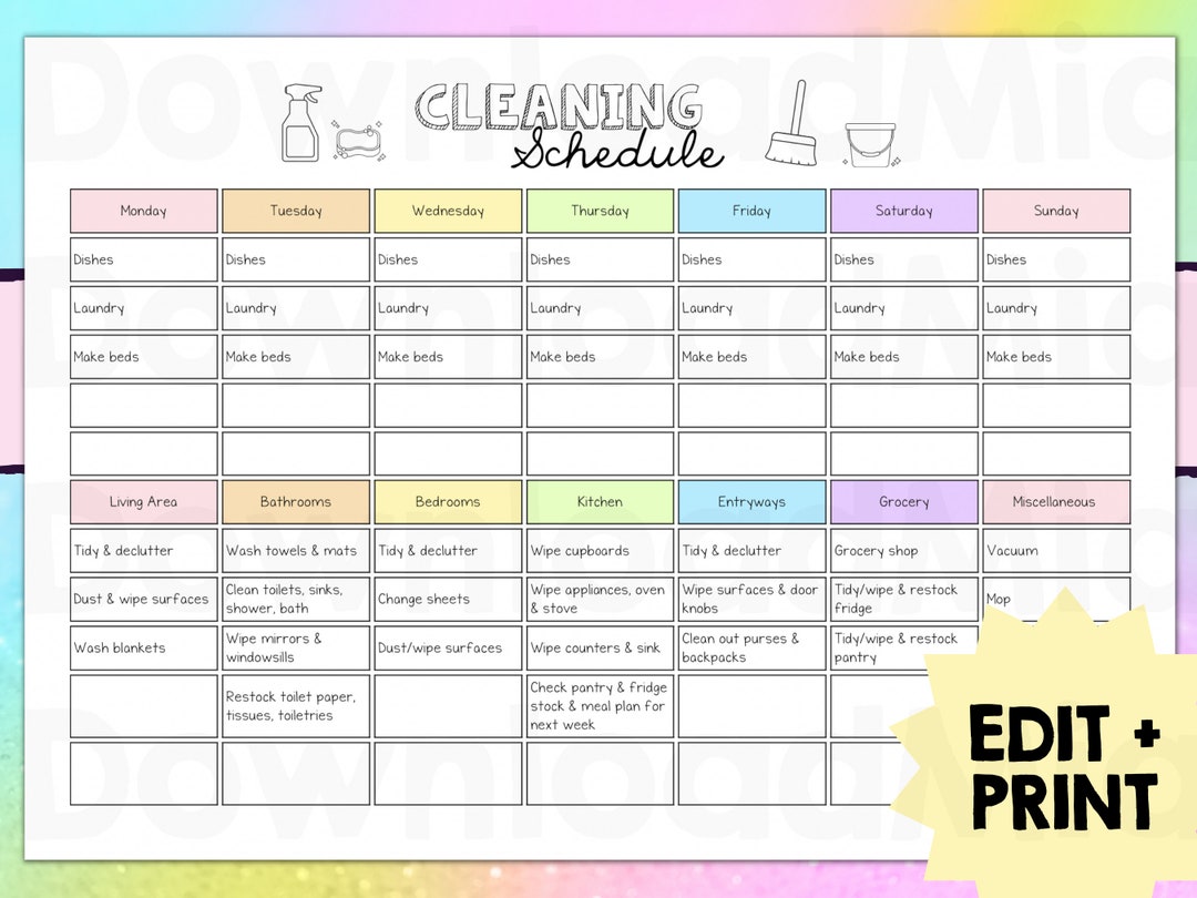 Cleaning Schedule Chart Checklist Customisable Digital Printable ...