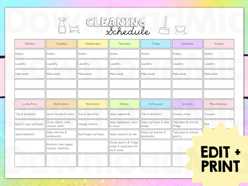 Cleaning Schedule Chart Checklist Customisable Digital Printable ...