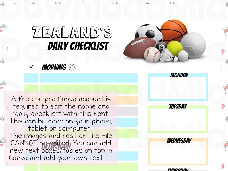 Kids Checklist Chore Chart Responsibility Editable Sport Girl Boy Ball ...