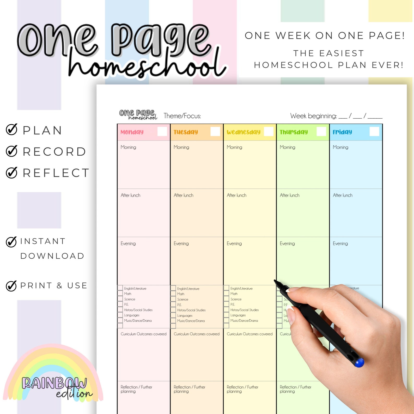 Homeschool Planner Simple Lesson Plan, Teacher Lesson Planner, One Page ...