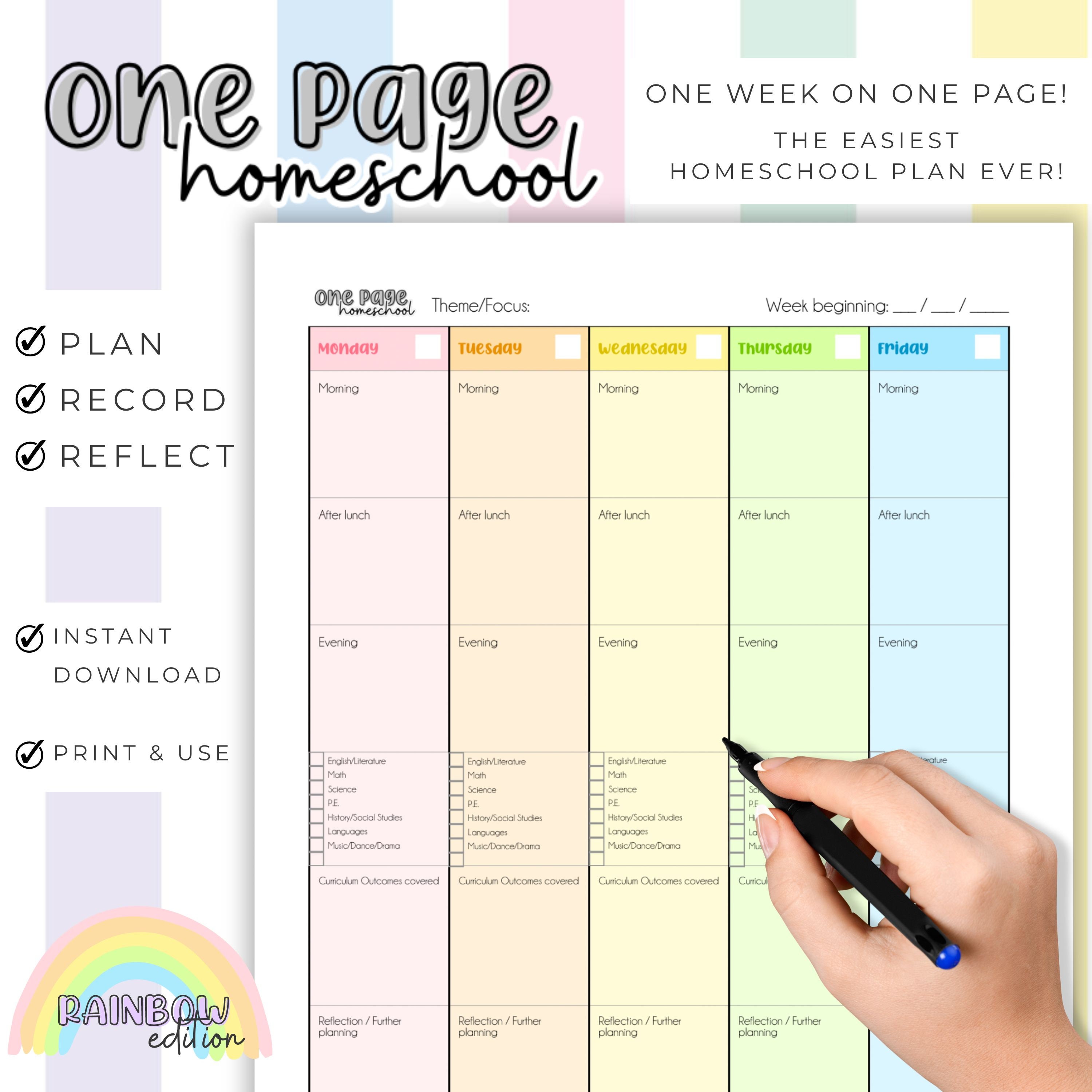 Homeschool Planner Simple Lesson Plan, Teacher Lesson Planner, One Page ...
