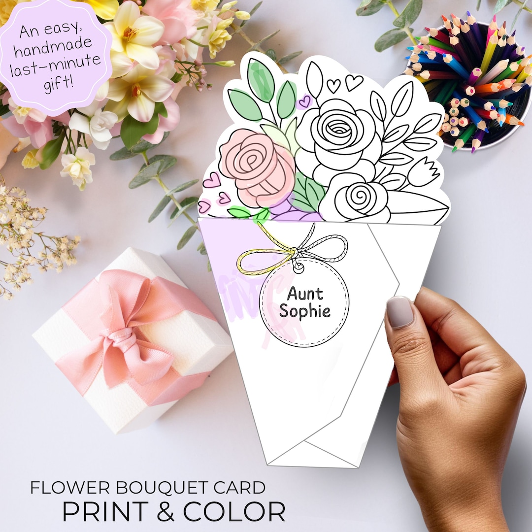 Card for Aunty Printable Coloring Flower Bouquet DIY Birthday Gift ...