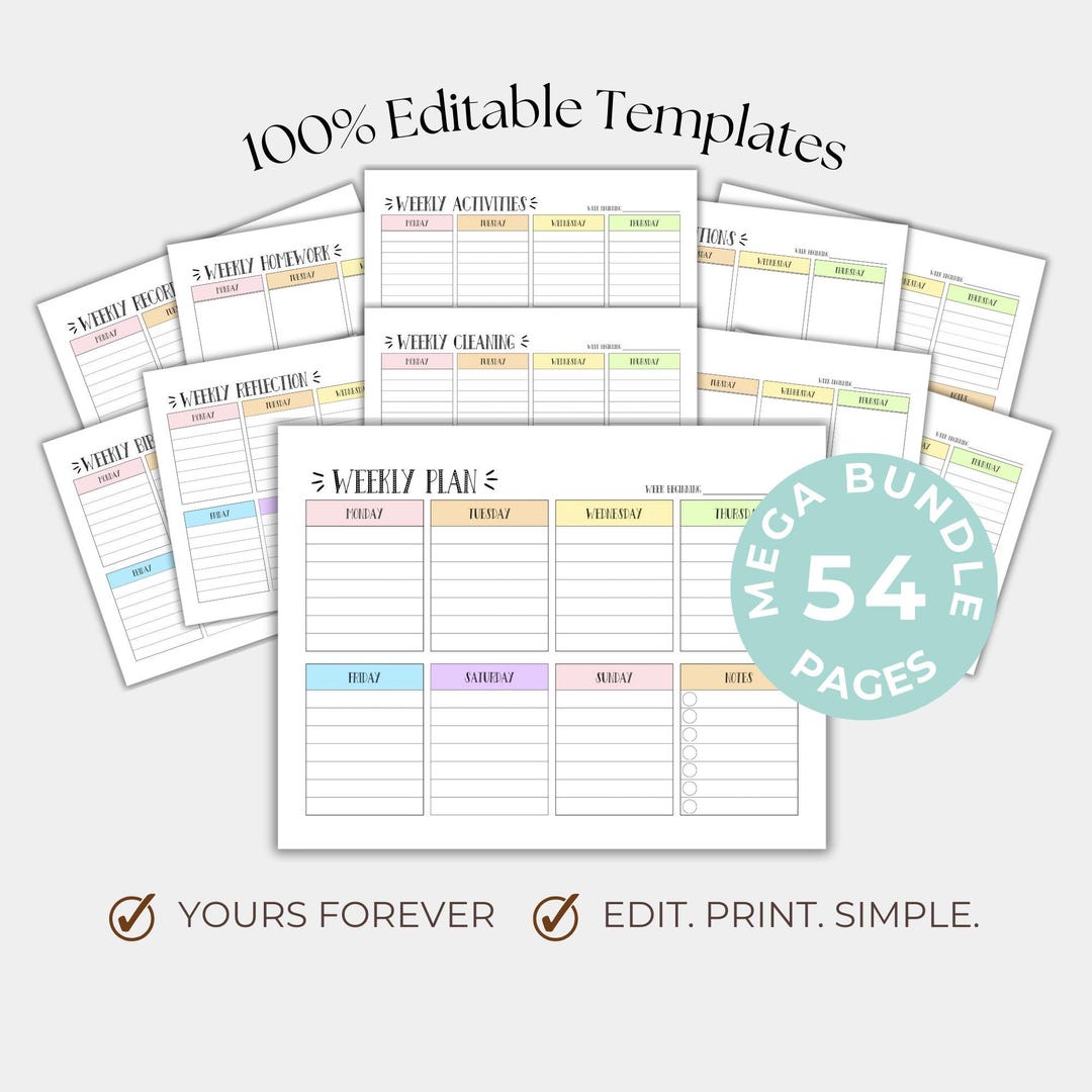 Editable Weekly Planner Mega Bundle Rainbow Printable Schedule. Kids ...