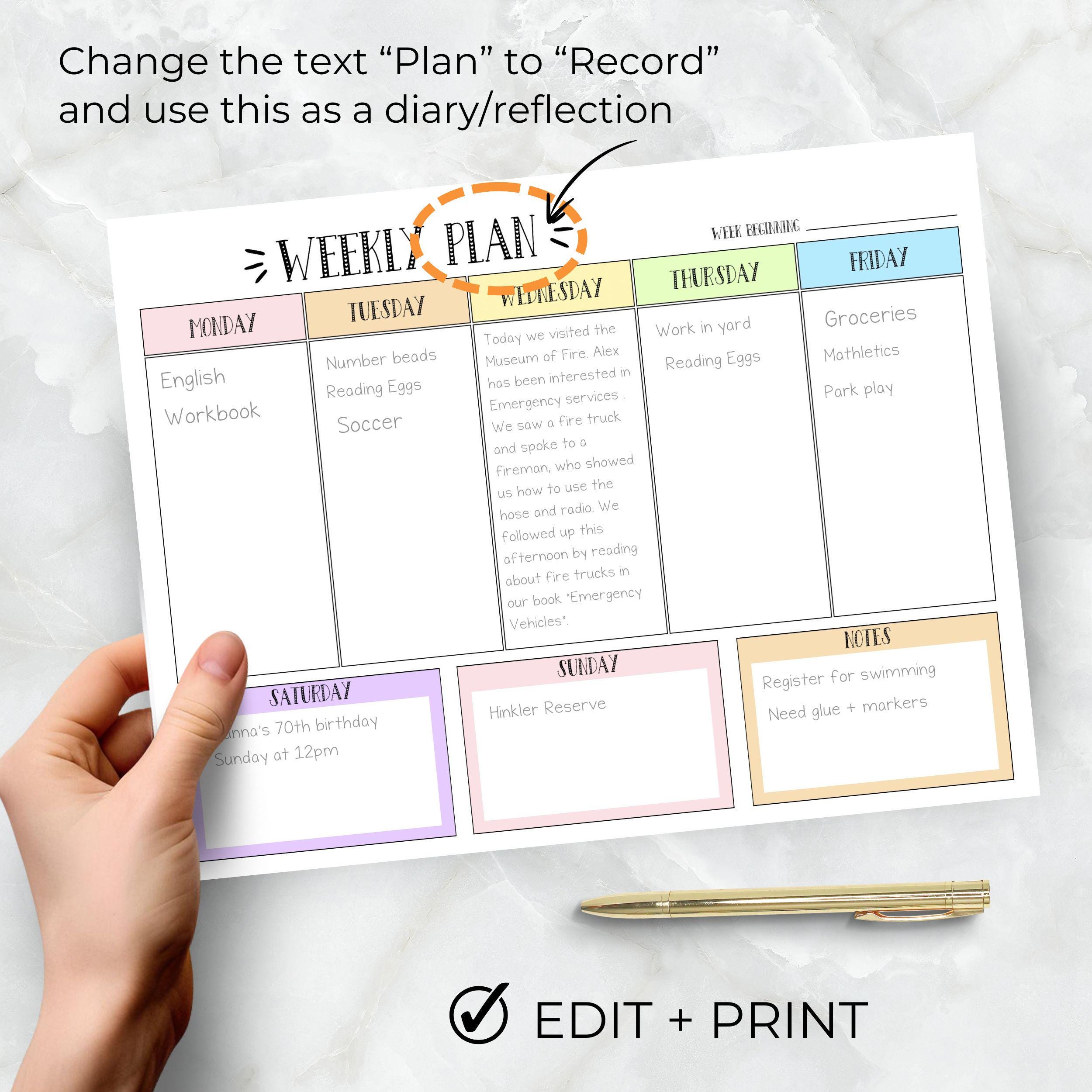 Weekly Plan Rainbow Homeschool Kids Printable Editable Schedule to Do ...