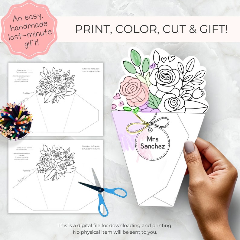 Card for Teacher, Printable Coloring Flower Bouquet Gift, Teacher ...