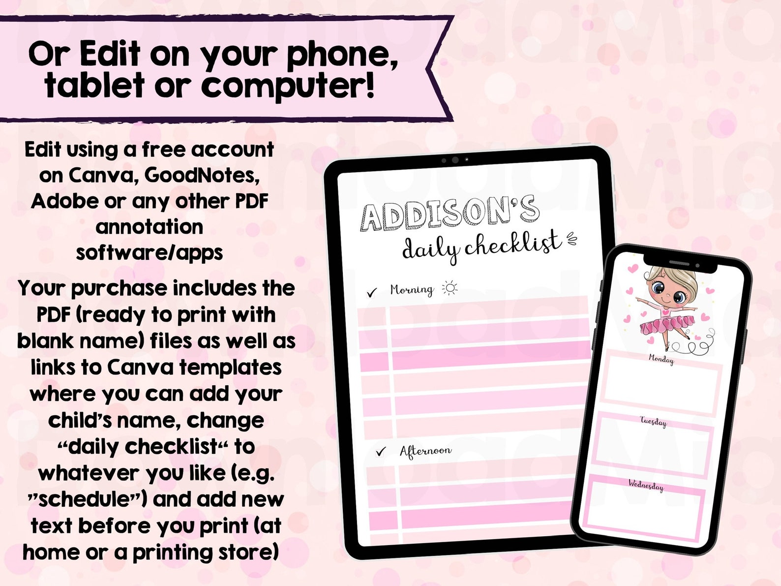 Kids Checklist Chore Chart Responsibility Editable Pink Girl - Etsy