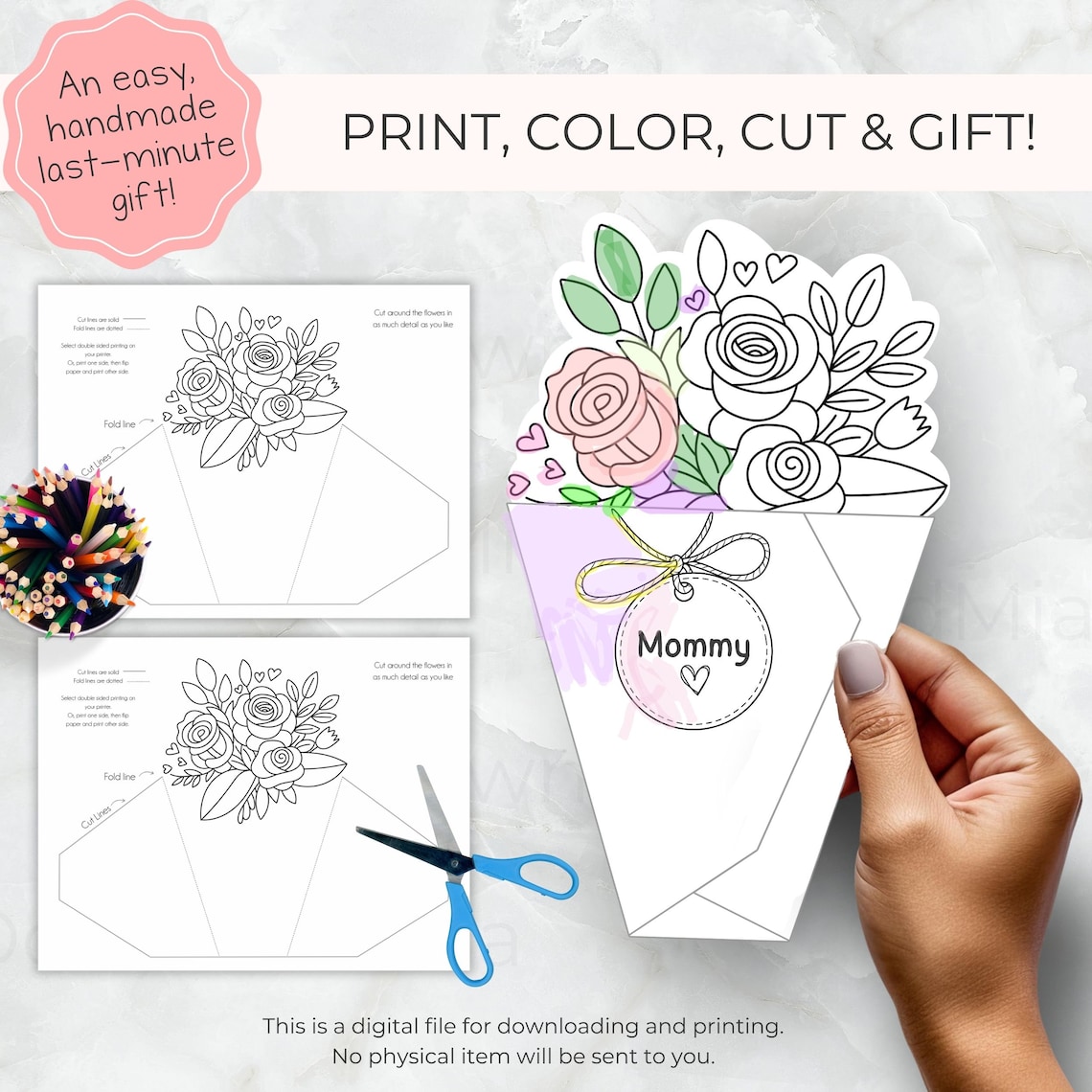 Card for Mommy Printable Card Coloring Flower Bouquet DIY Birthday Gift ...
