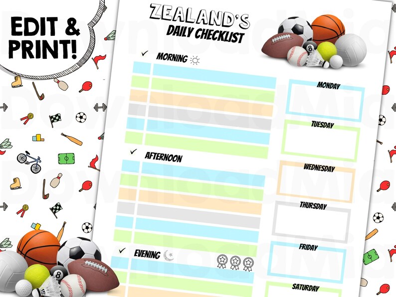 Kids Checklist Chore Chart Responsibility Editable Sport Girl Boy Ball ...