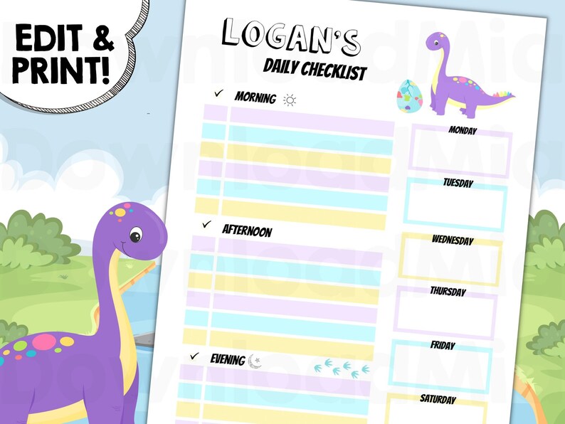 Kids Checklist Chore Chart Responsibility Editable Dino - Etsy