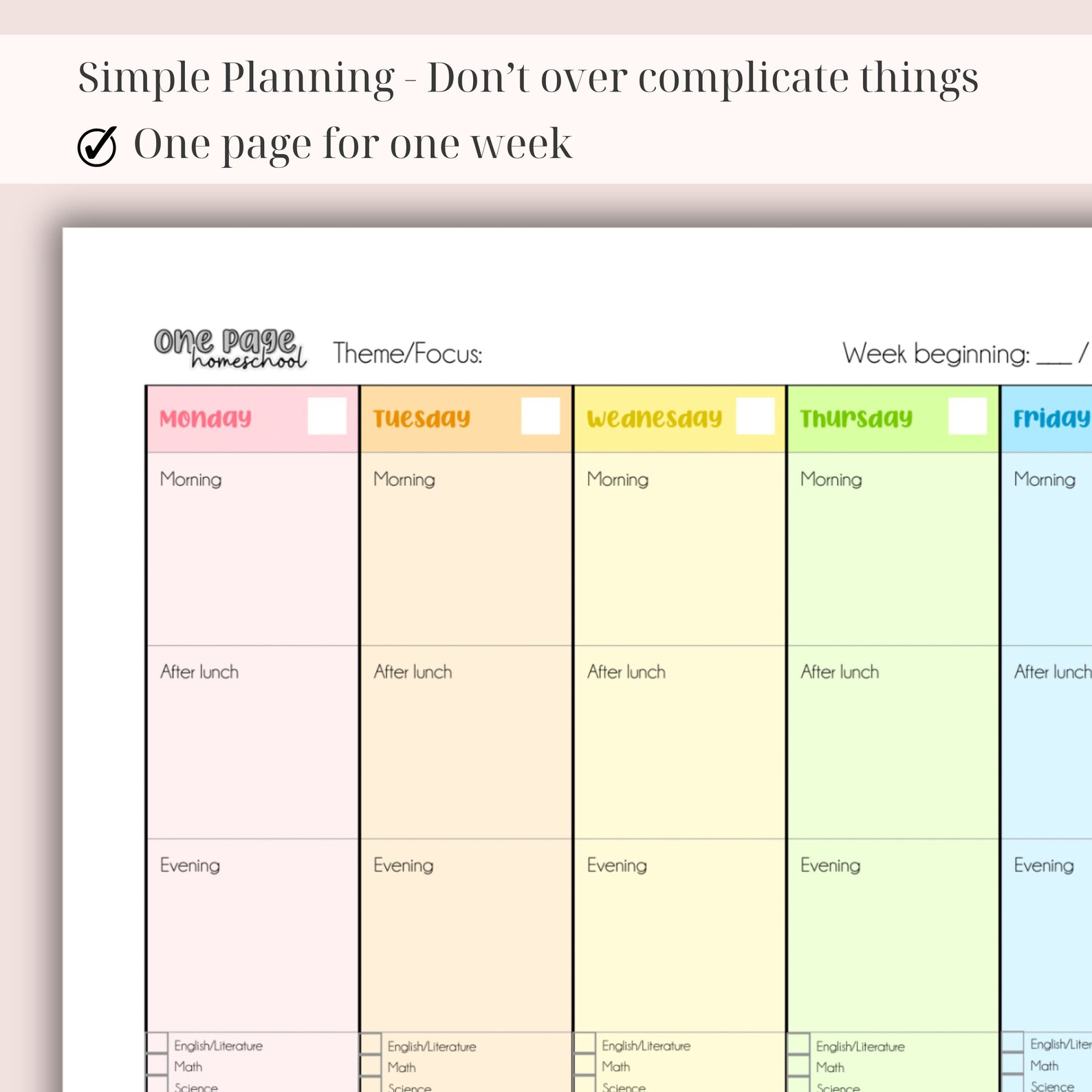 Homeschool Planner Simple Lesson Plan, Teacher Lesson Planner, One Page ...