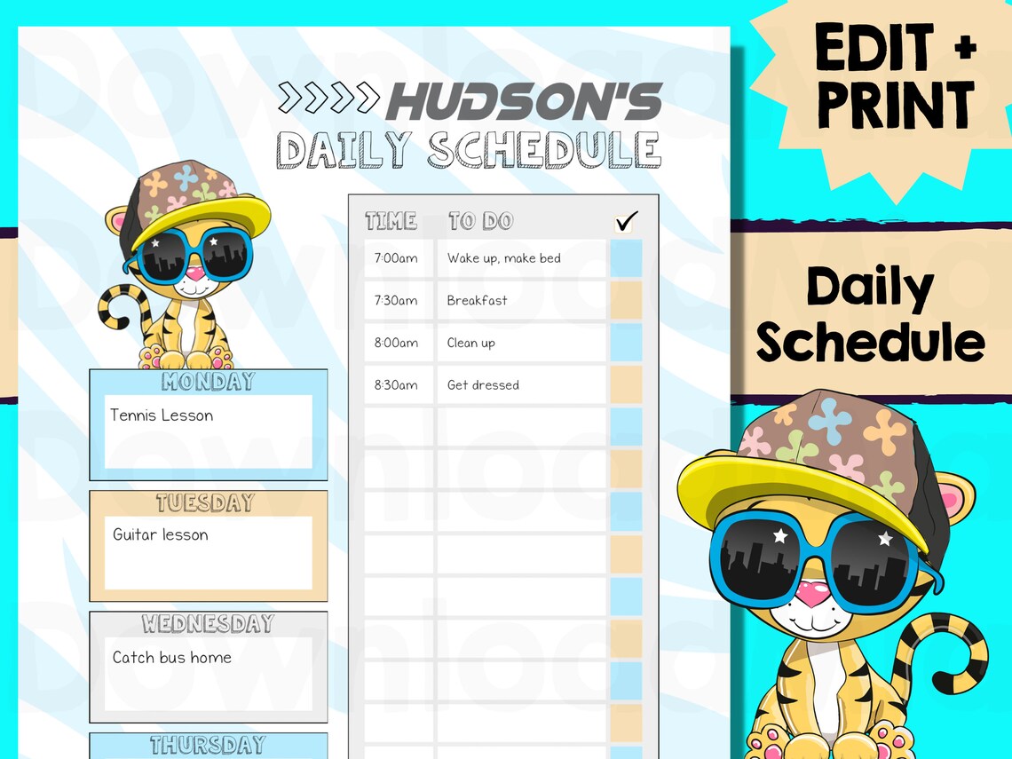 Kids Daily Schedule Chore Chart Responsibilities Timetable Customisable ...