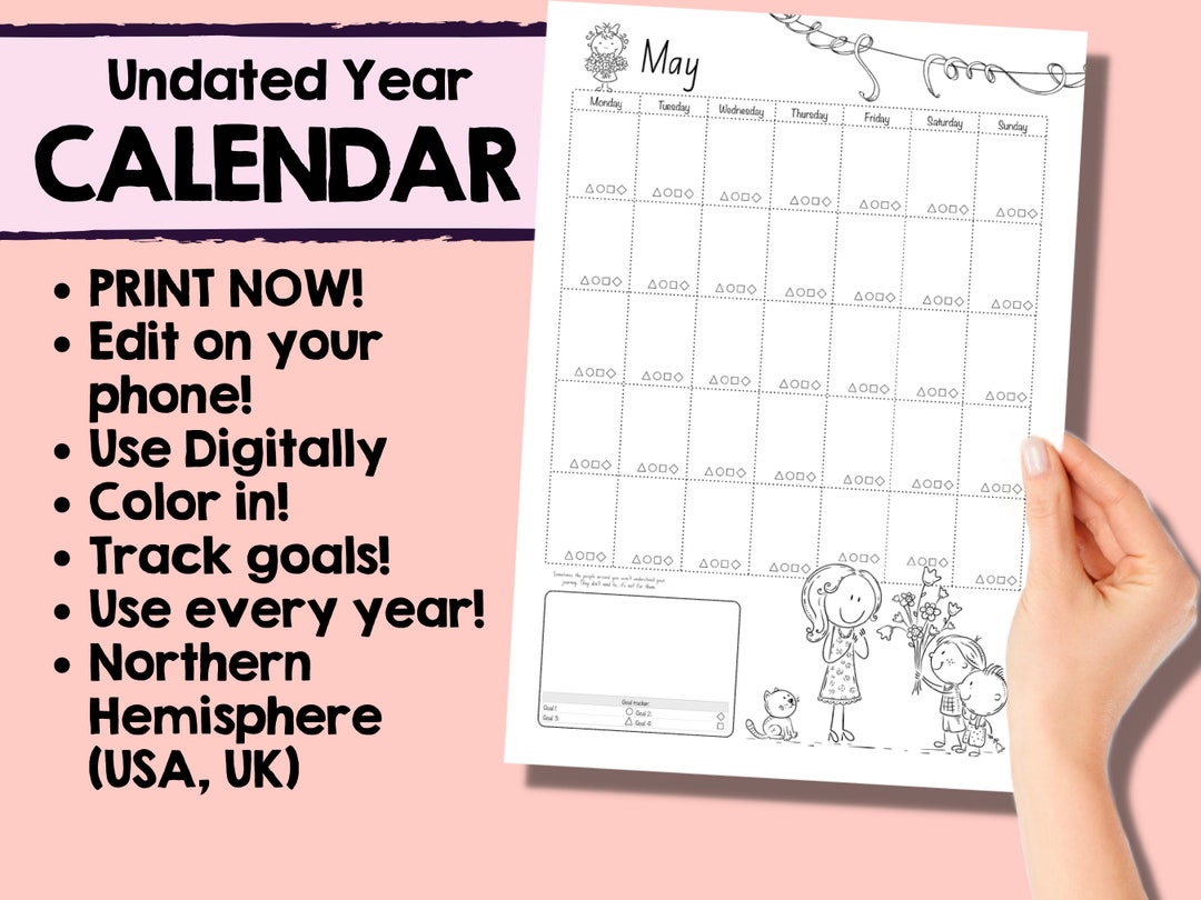 Undated Yearly Calendar Customisable Digital Printable Plan for Work ...