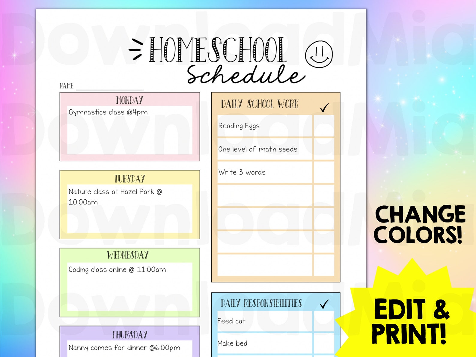 Kids Daily Homeschool Schedule Responsibility Chart, School Routine ...