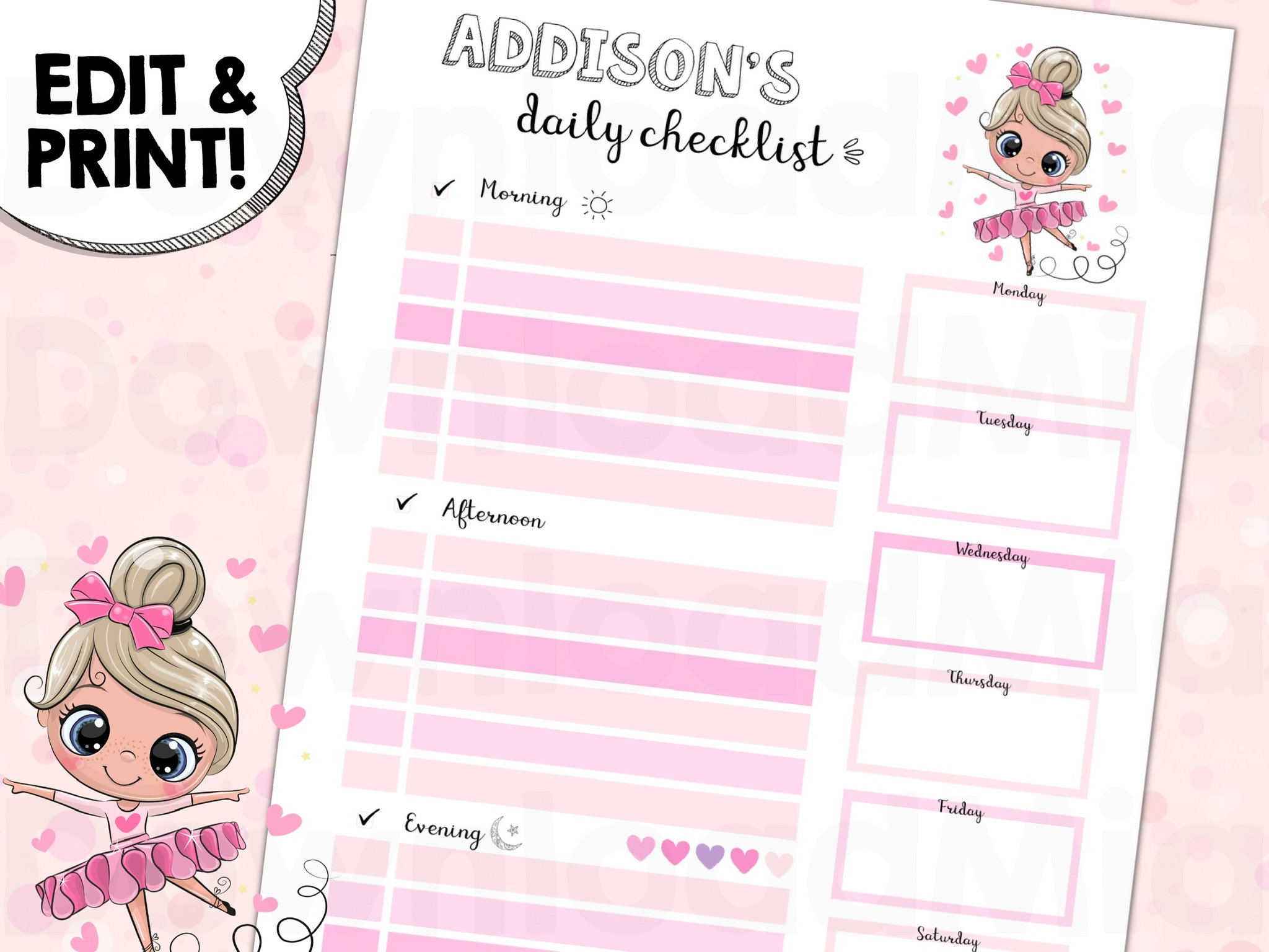 Kids Checklist Chore Chart Responsibility Editable Pink Girl - Etsy