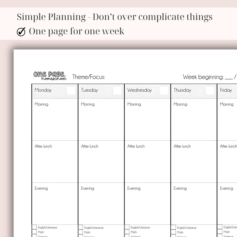 Homeschool Planner Simple Lesson Plan, Teacher Lesson Planner, One Page ...