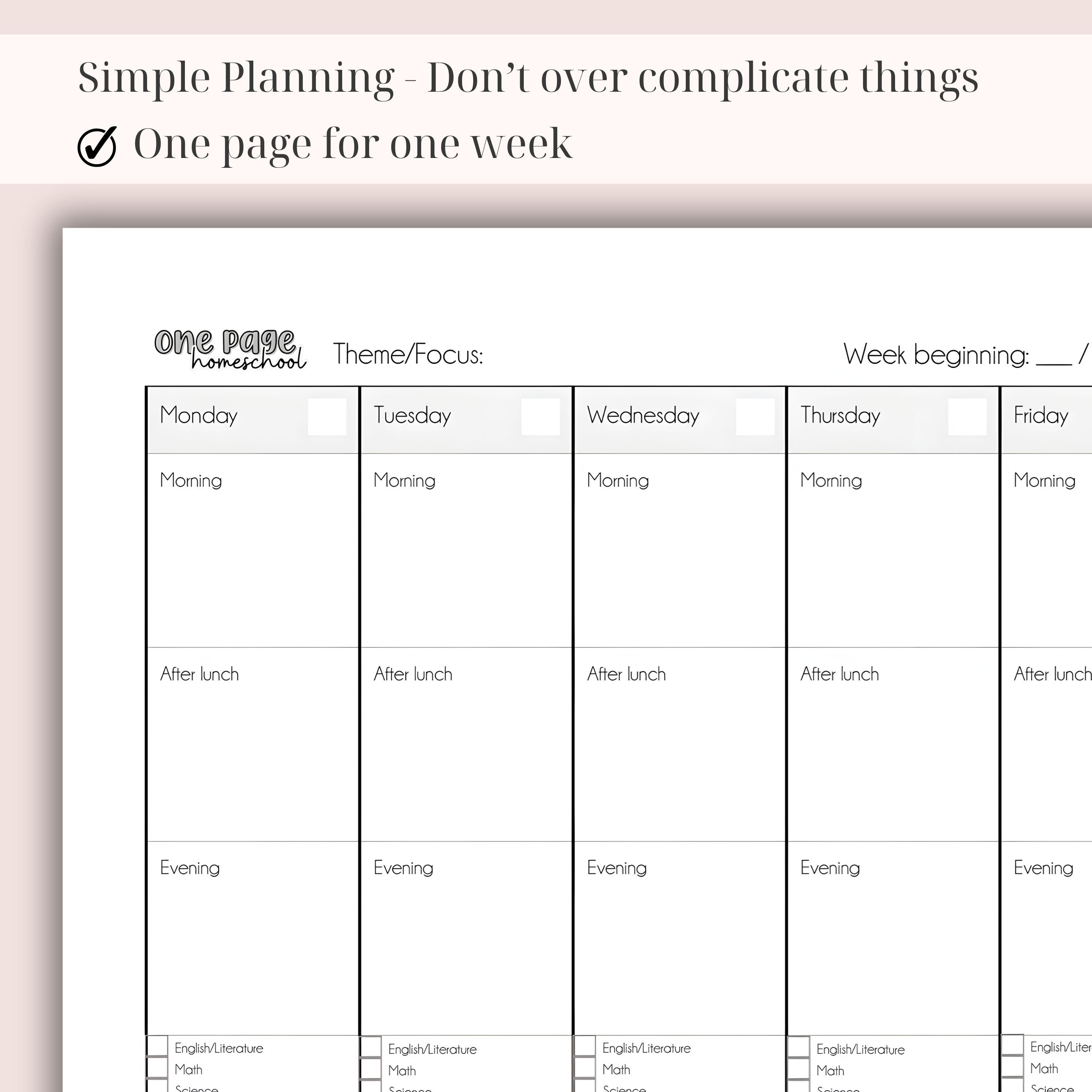 Homeschool Planner Simple Lesson Plan, Teacher Lesson Planner, One Page ...
